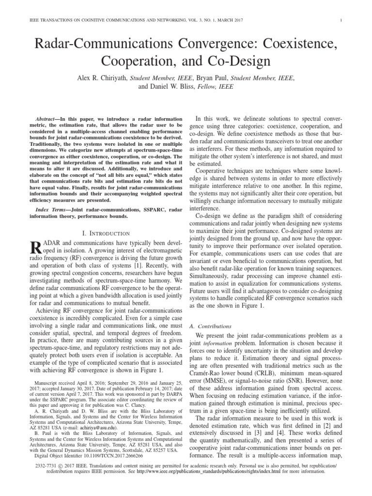 Radar-Communications Convergence: Coexistence, Cooperation, and Co-Design | PDF | Radar ...