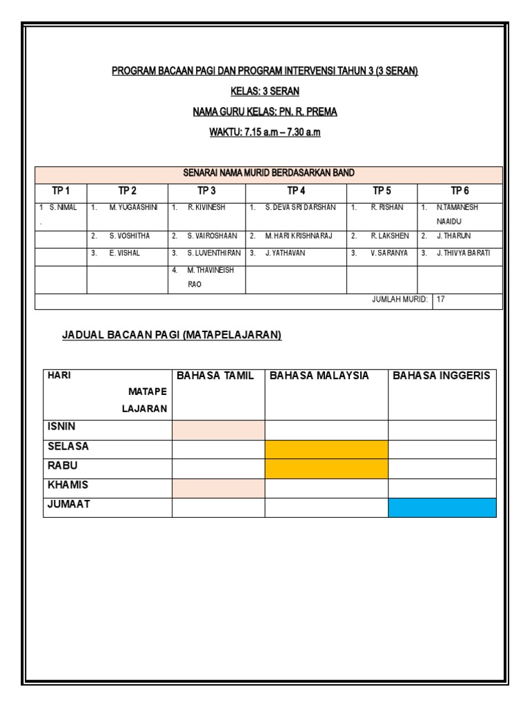 Program Bacaan Pagi Dan Program Intervensi Tahun 3 | PDF
