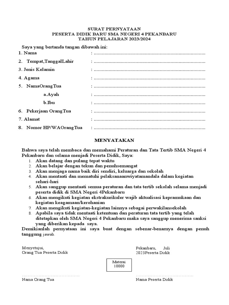 Surat Pernyataan Mematuhi Tata Tertib Sekolah | PDF