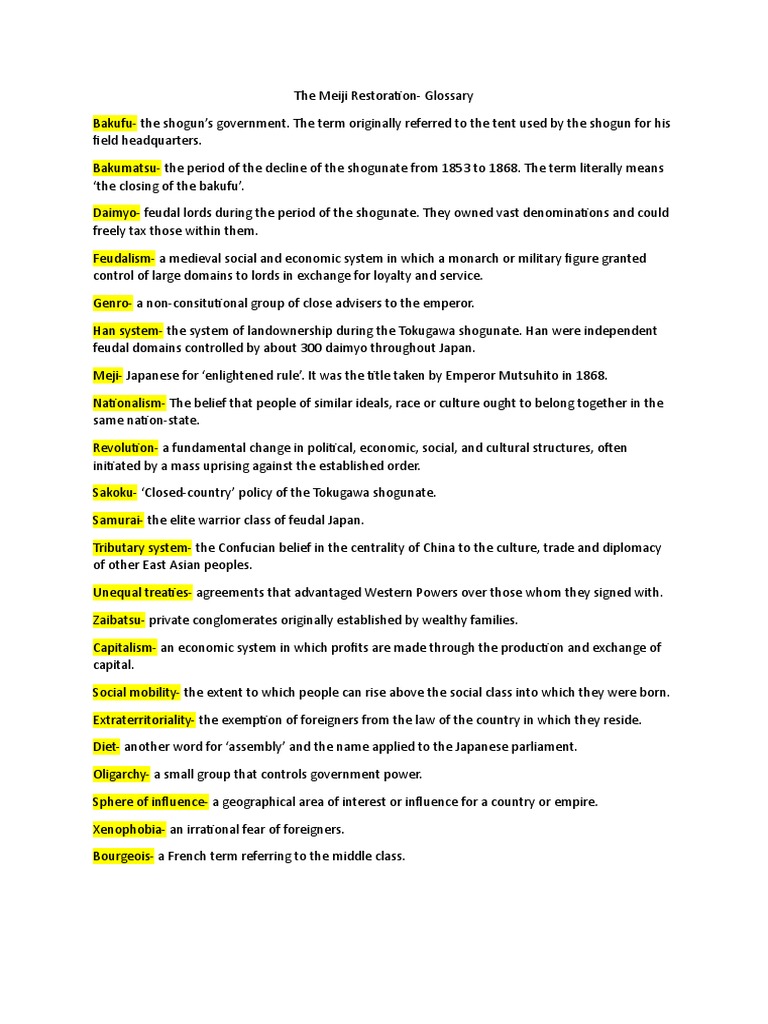 Meiji Restoration Glossary Terms Explained | PDF