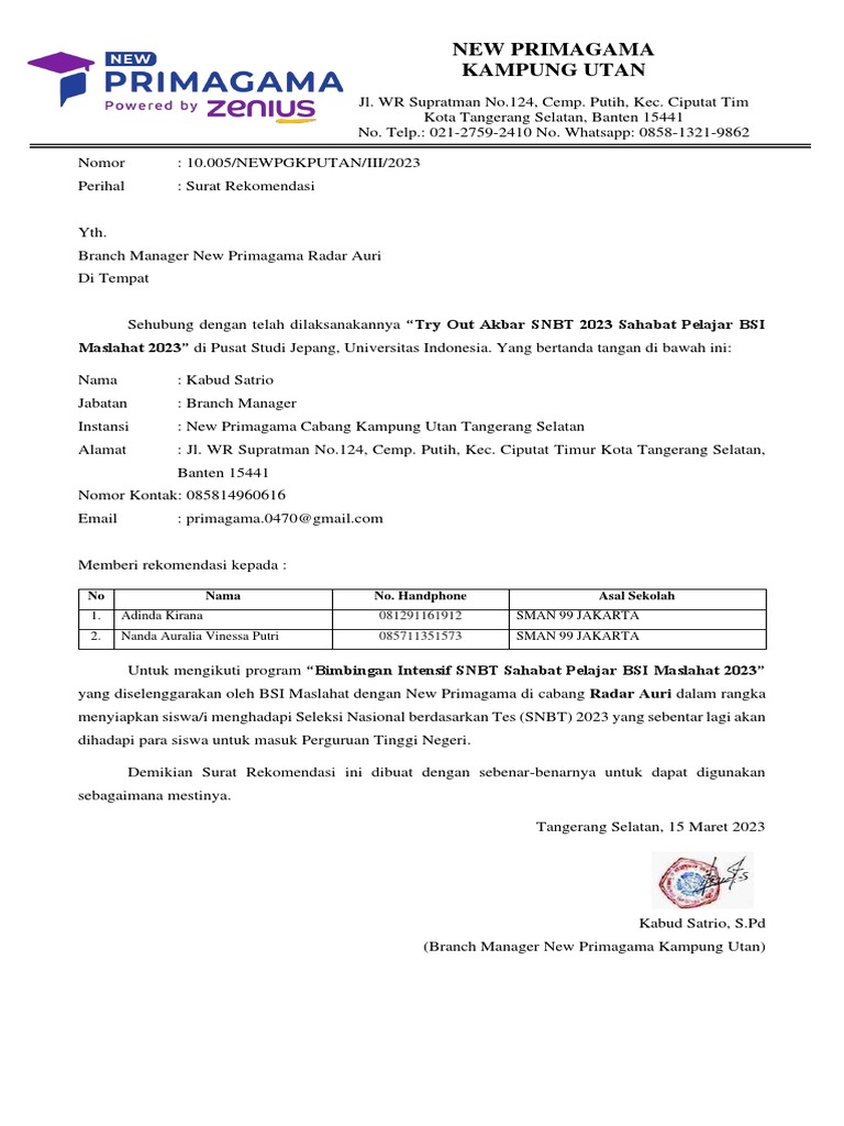 Surat Rekomendasi Cabang New Primagama Radar Auri | PDF Surat Rekomendasi Cabang New Primagama Radar Auri | PDF