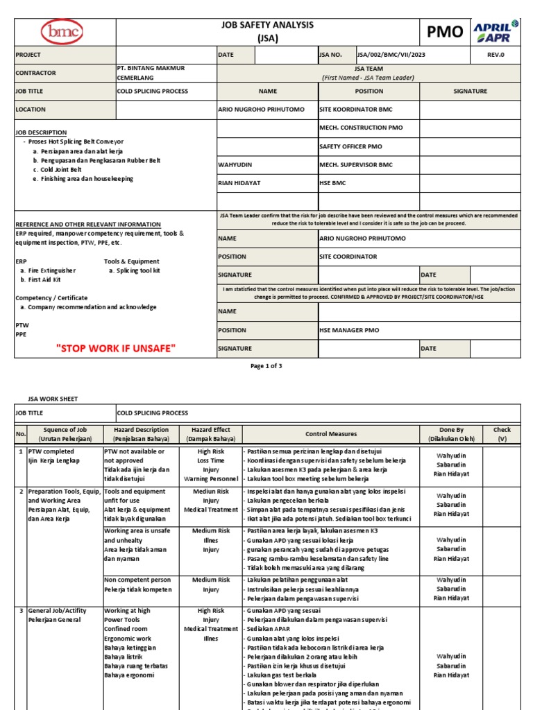 JSA PT. BMC Cold Joint R.0 | PDF | Public Safety | Emergency Management
