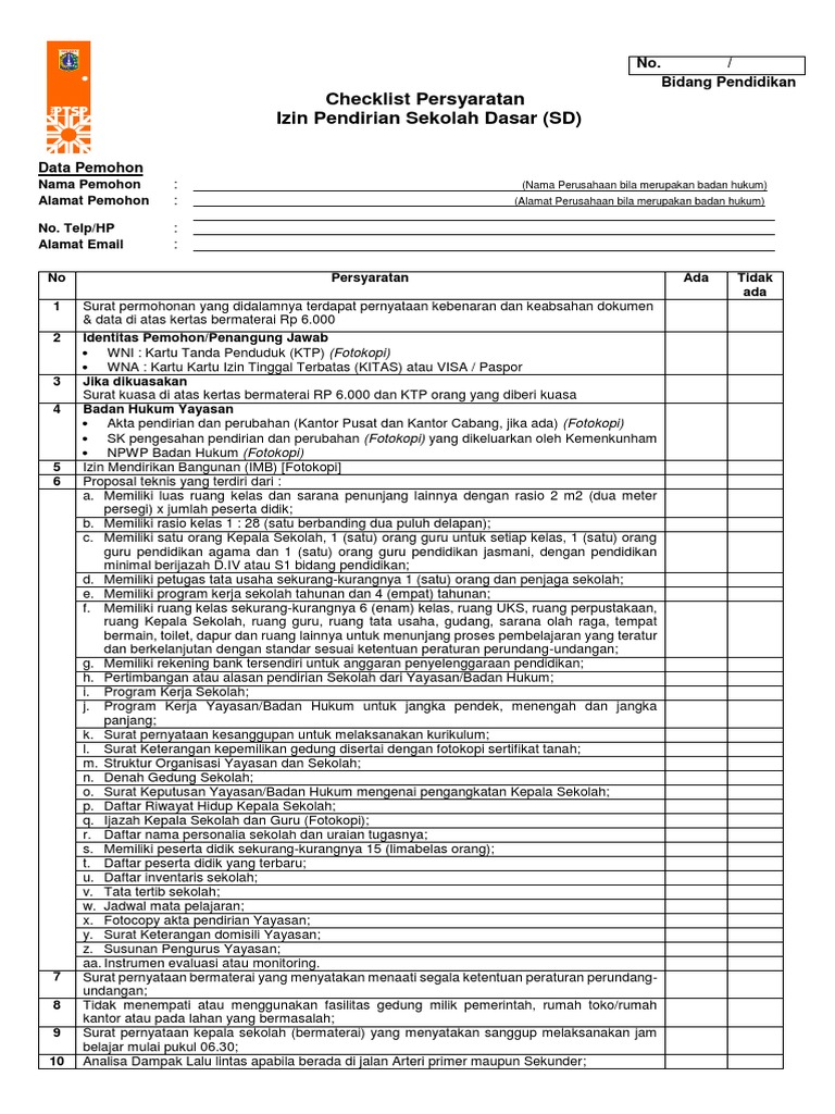 Cheklist Izin Pendirian Sekolah | PDF