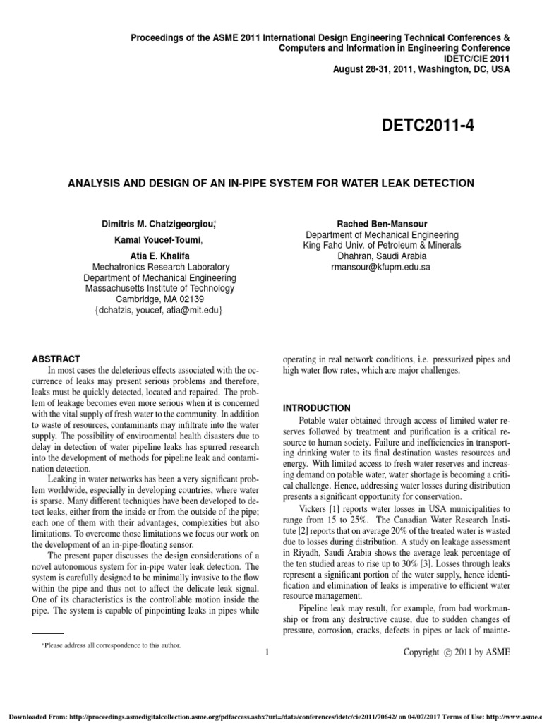 Analysis and Design of An In-Pipe System For Water Leak Detection | PDF ...