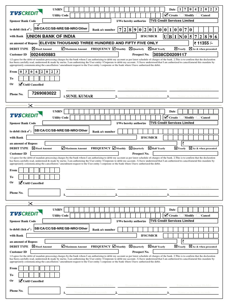 TVS Credit Services Debit Mandate Form | PDF | Debit Card | Banks