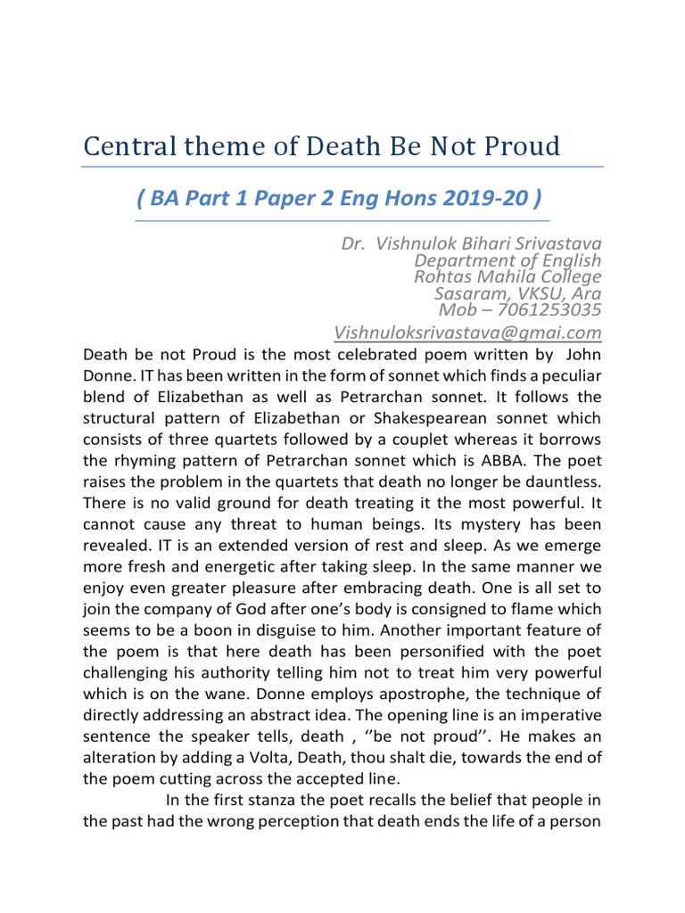 Central Theme of Death Be Not Proud | PDF | Sonnets | Poetry