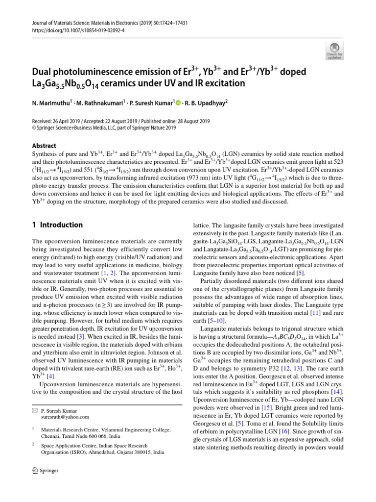 Dual Photoluminescence Emission of Er, Yb and Er /yb Doped La Ga NB O Ceramics Under UV and IR ...