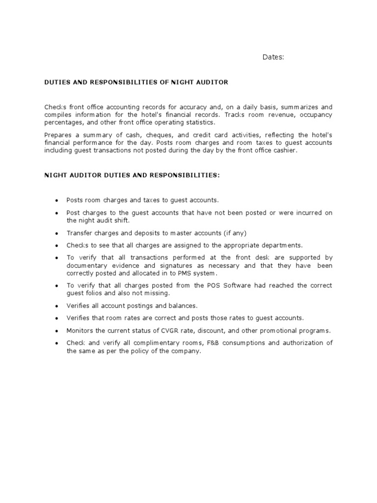 Night Auditor Duties and Responsibilities | PDF | Service Industries ...