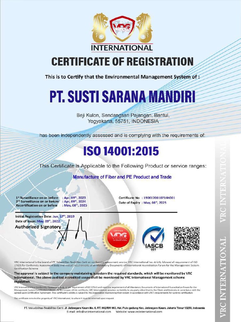 Sertifikat ISO 14001-2015 (Mei 2022 - Mei 2025) | PDF