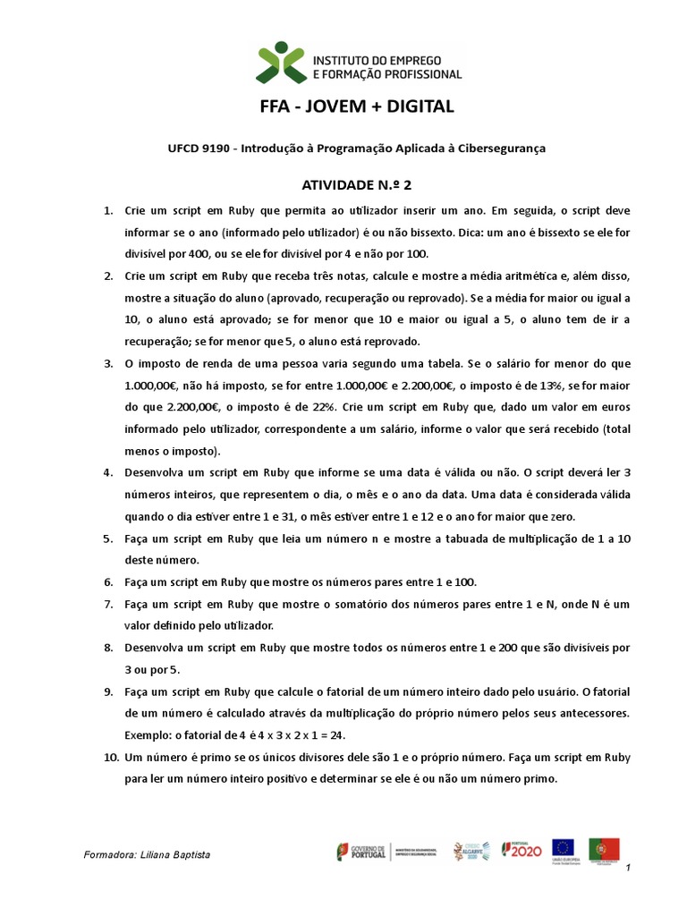 Atividade 2 | Download grátis PDF | Ruby (linguagem de programação ...