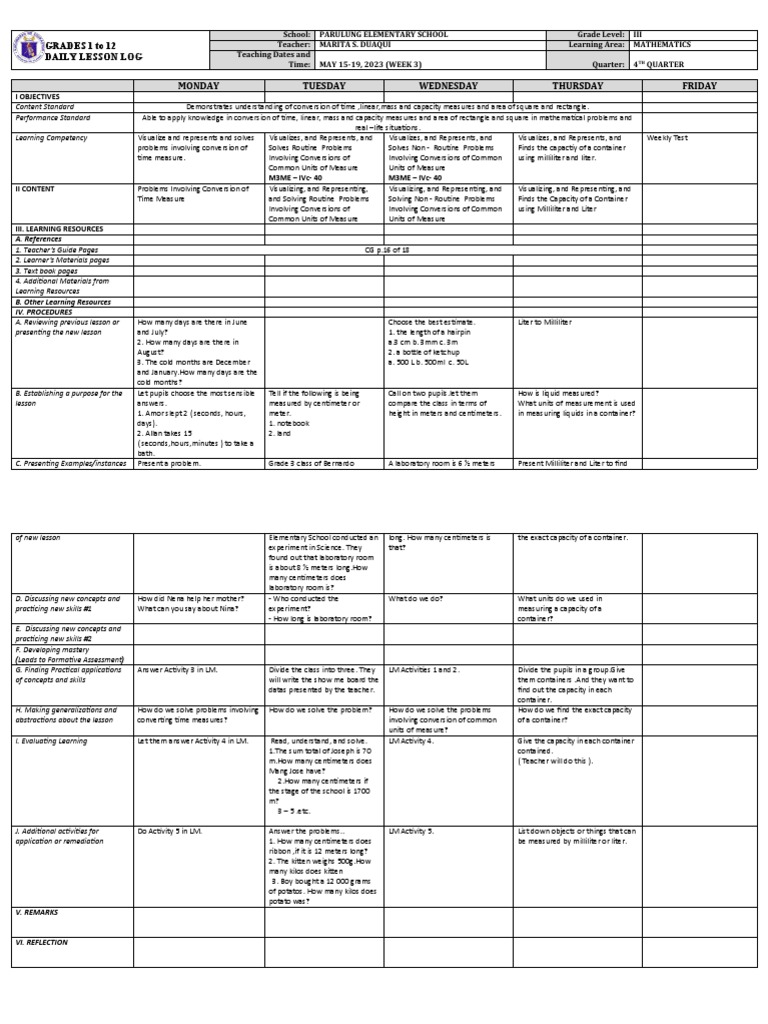 Grade 3 Math Lesson Plans Q4 W3 | PDF | Learning | Teachers