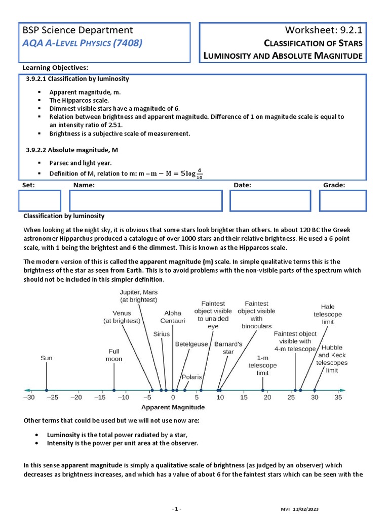 9.2.1 Classification of Stars - Luminosity and Absolute Magnitude | PDF