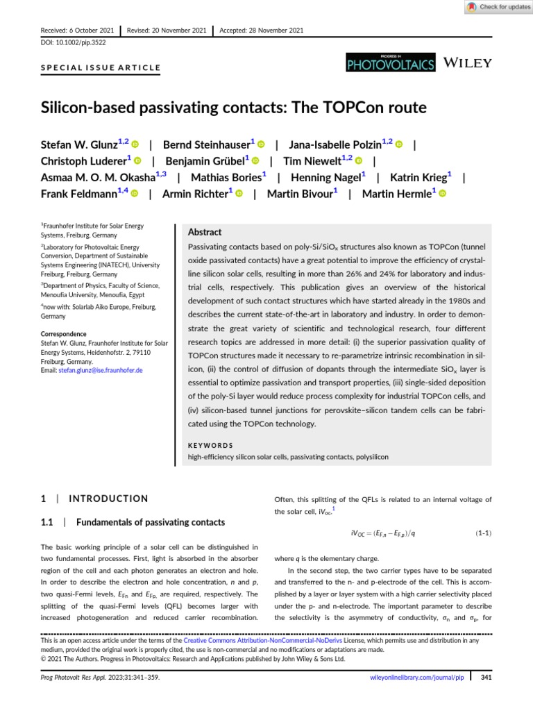 Progress in Photovoltaics - 2021 - Glunz - Silicon Based Passivating Contacts The TOPCon Route ...