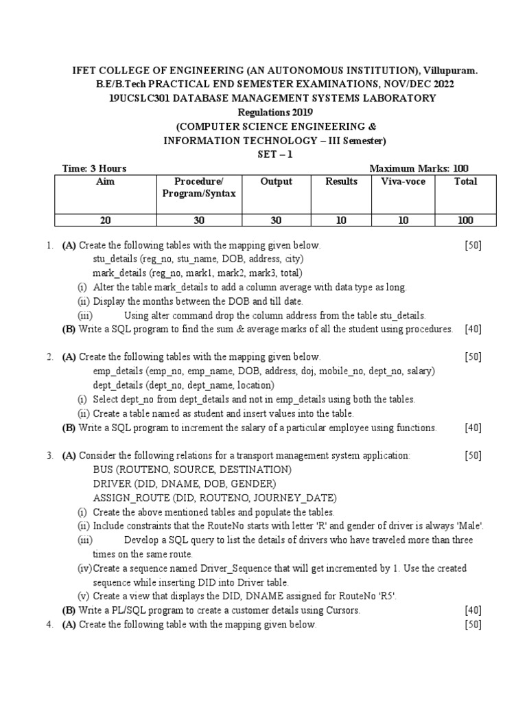 Dbms Lab Question Paper 1 Pdf Data Data Management