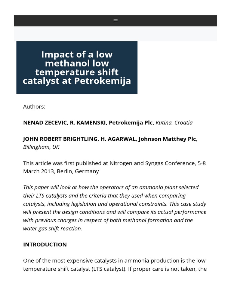 Impact of A Low Methanol Low Temperature Shift Catalyst at Petrokemija - AmmoniaKnowHow | PDF ...
