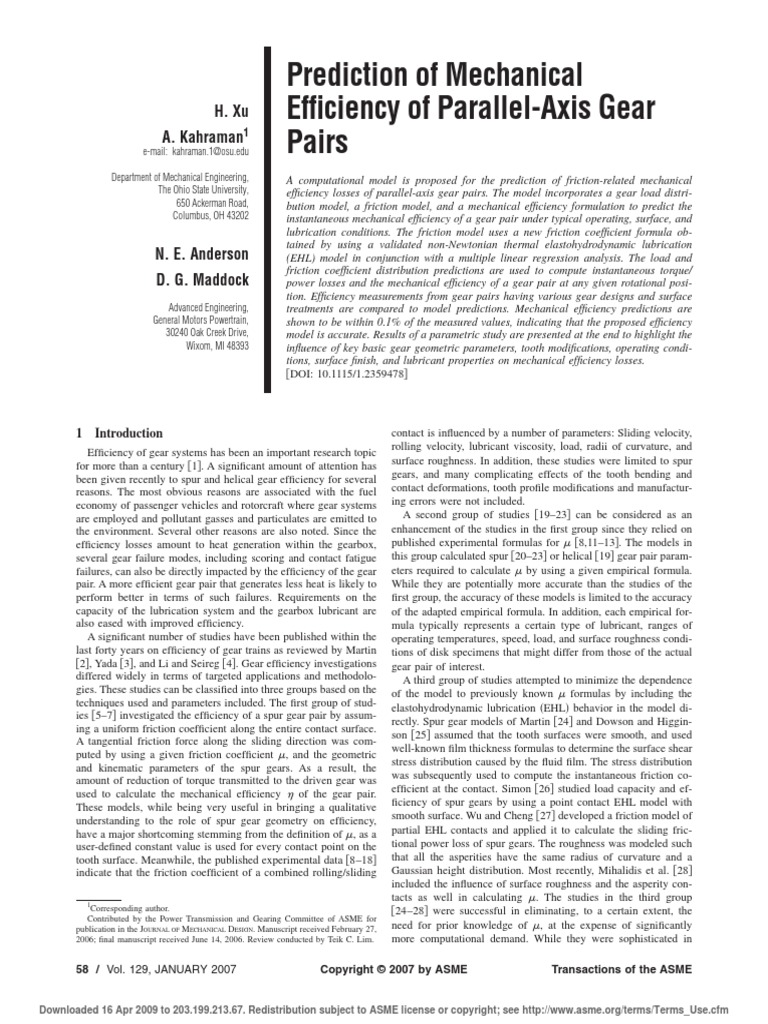 Prediction of Mechanical Efficiency of Parallel-Axis Gear Pairs | PDF