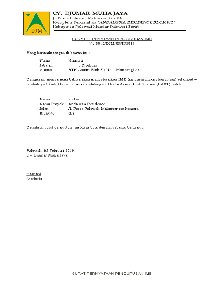 Surat Pernyataan Pengurusan Imb | PDF