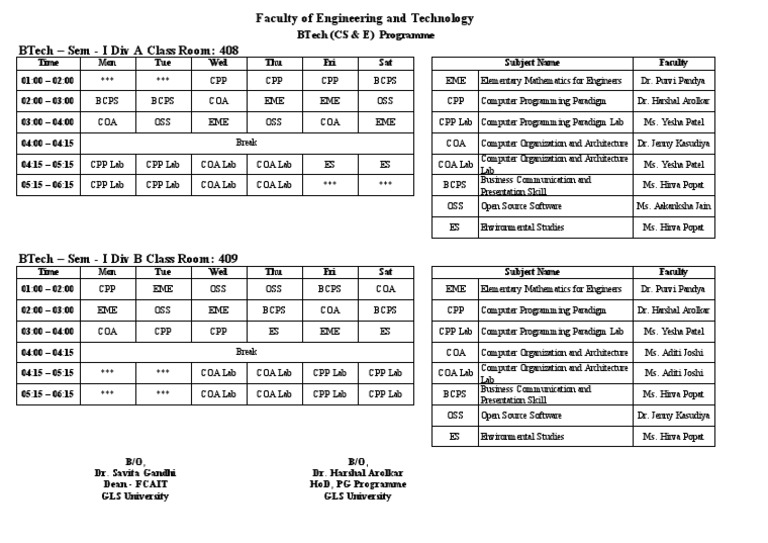 BTech Sem1 Schedule | PDF | Computer Engineering | Office Equipment