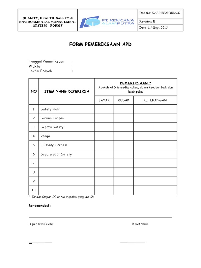 Form Pemeriksaan APD | PDF