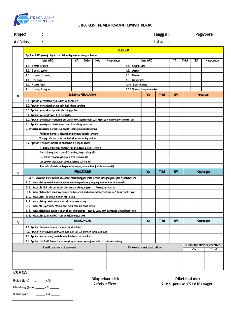 Form Inspeksi Harian | PDF