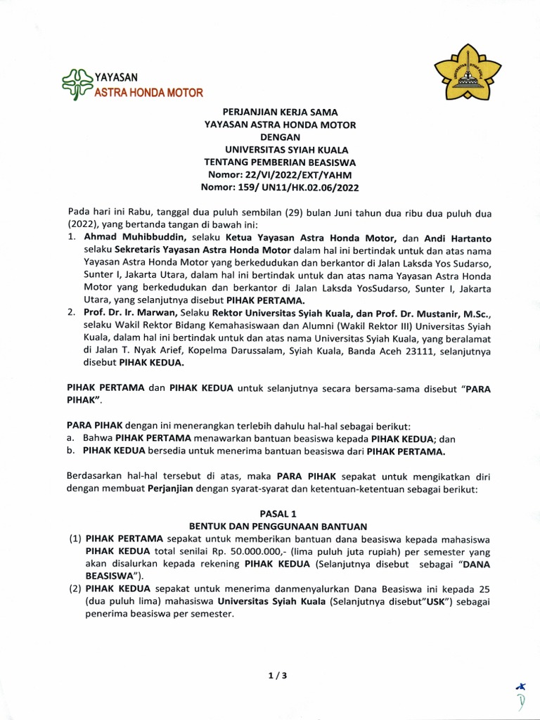 Perjanjian Kerja Sama Yayasan Astra Honda Motor Dengan Universitas Syiah Kuala | PDF
