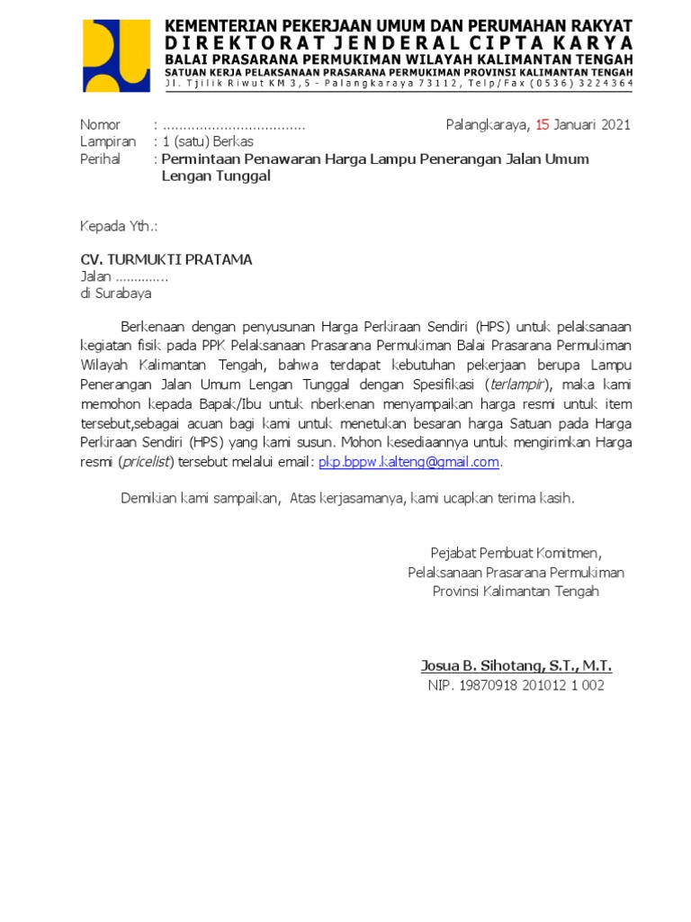 Contoh Surat Permintaan Harga Barang PJU | PDF