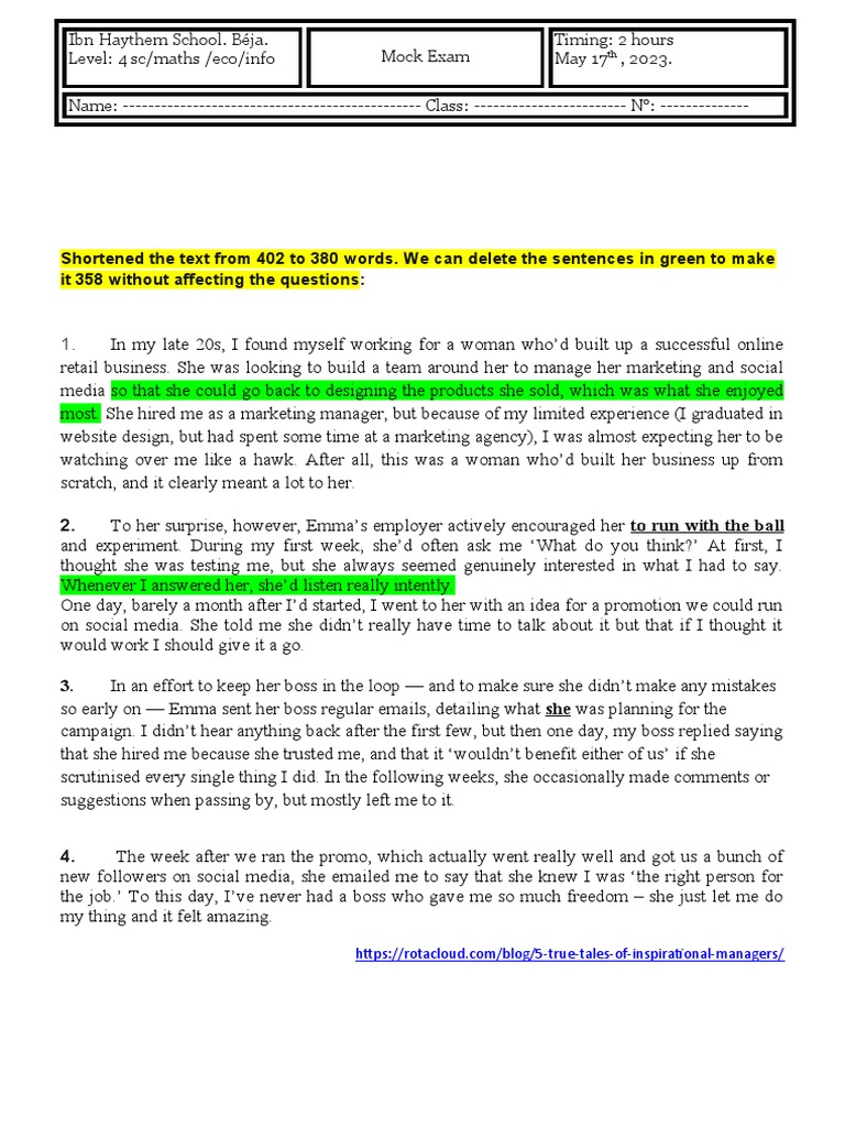 Mock Exam 4th SC 23 Final Draft | PDF