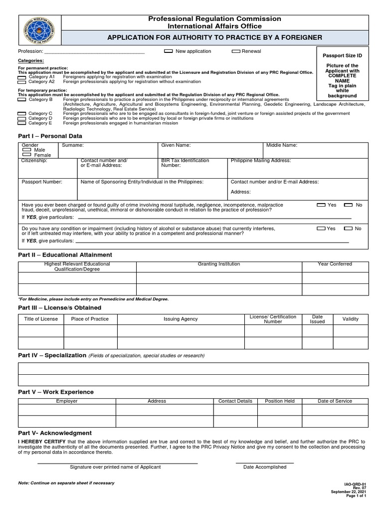 IAO-QRD-01 Rev 07 Application Form Authority To Practice by A Foreigner ...