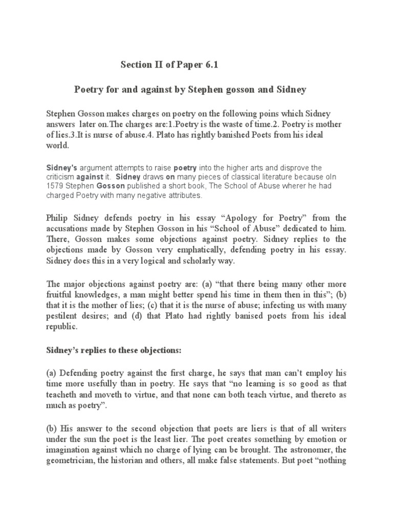 Section II of Paper 6.1 Poetry For and Against by Stephen Gosson and ...