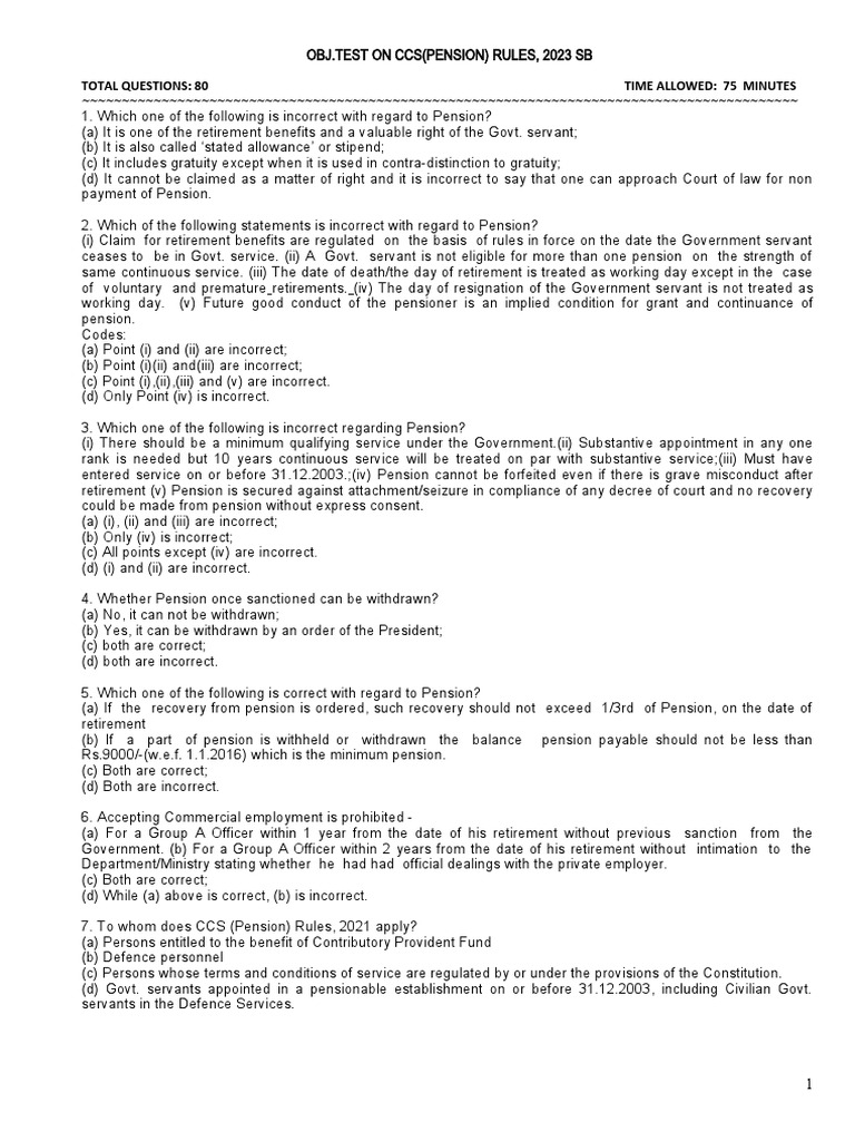 Obj. Test On Ccs (Pension) Rules 2023 SB | PDF | Pension | Divorce