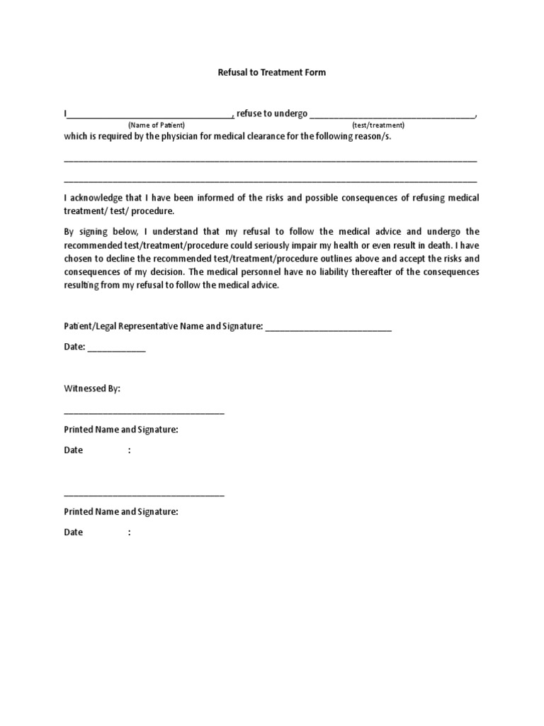 Refusal To Treatment Form | PDF Refusal To Treatment Form | PDF