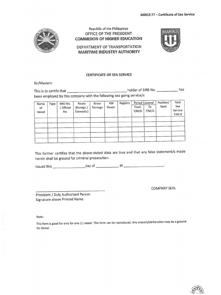 JCMMC 1 S. 2023 ANNEX F7 Certificate of Seaservice | PDF