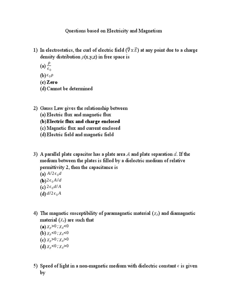 Questions Based On Electricity and Magnetism | PDF | Magnetic Field ... Questions Based On Electricity and Magnetism | PDF | Magnetic Field ...
