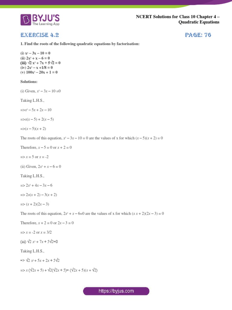 NCERT Solutions for Class 10 Chapter 4 – Quadratic Equations Exercise 4 ...