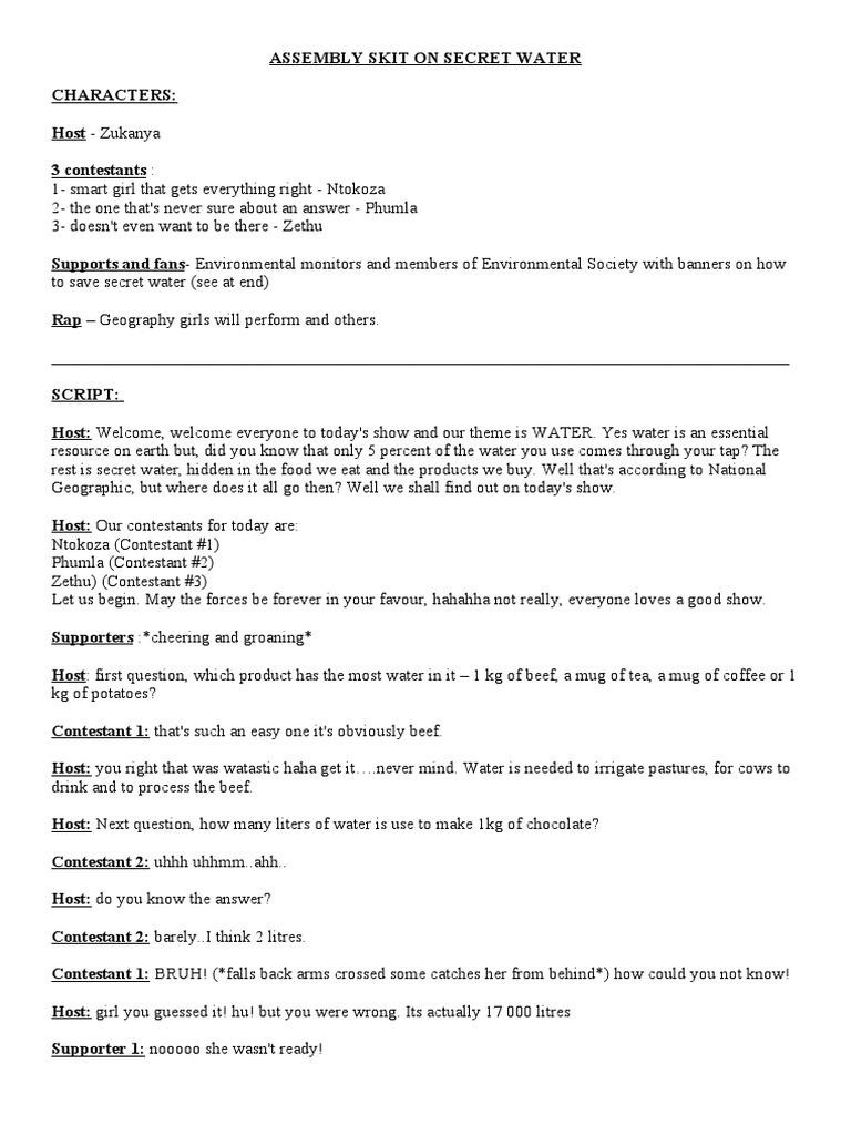 Secret Water Assembly Script 2015 | PDF | Cooking, Food & Wine