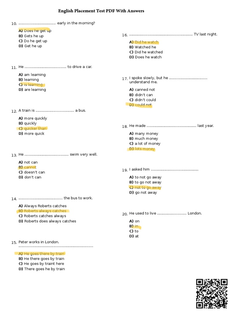 English Placement Test PDF Answers | PDF