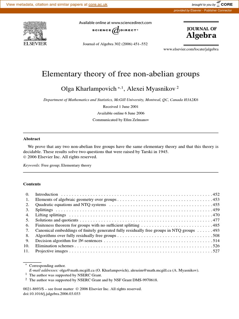 Elementary Theory of Free Non-Abelian Groups | PDF | Group (Mathematics) | Algebraic Geometry