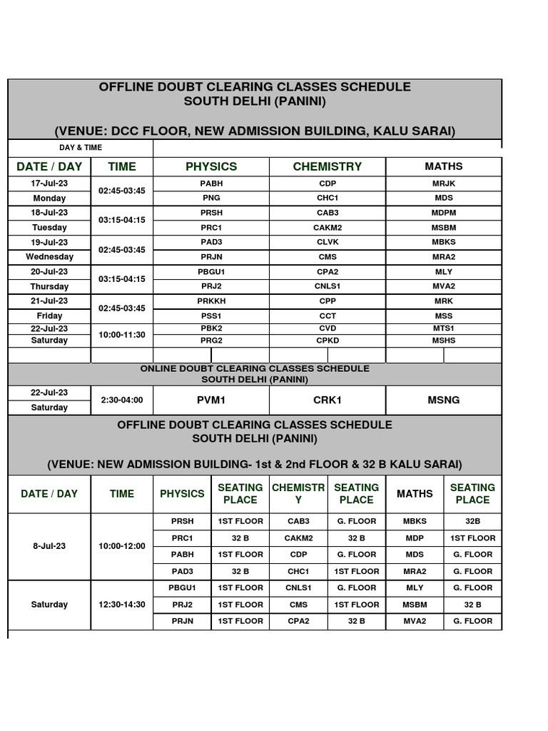 Offline Doubt Clearing Classes Schedule South Delhi (Panini) (Venue: DCC Floor, New Admission ...