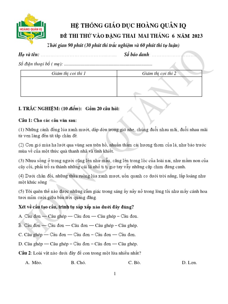 ĐỀ THI THỬ ĐẶNG THAI MAI LỚP 5 LẦN 4- 2023 (tháng 6) | PDF