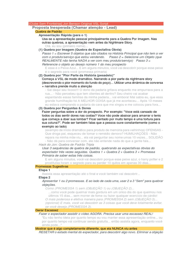 (Clube Sem Fronteiras) Jon Benson Original VSL Script | PDF | Alimentos | Dinheiro