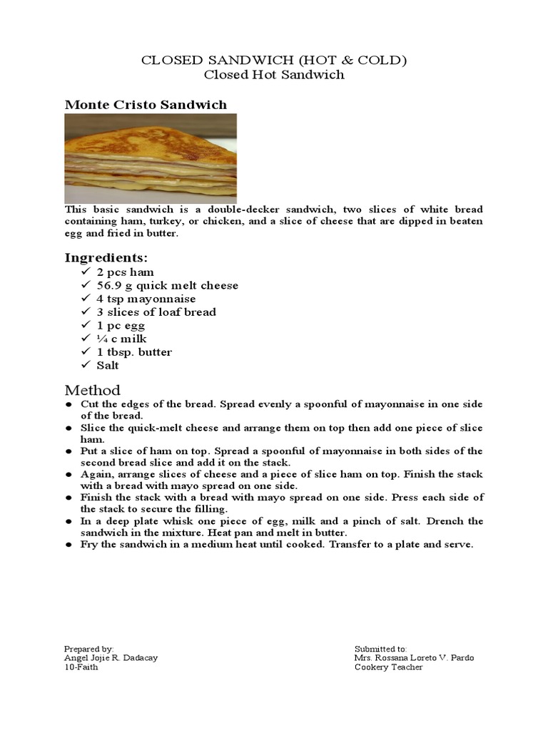 Closed Sandwich Recipes and Costs | PDF | Mayonnaise | Sandwich