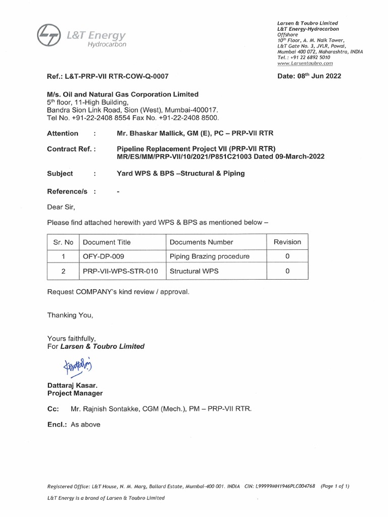 L&T-PRP-VII RTR-COW-Q-0007 Yard WPS & BPS - Structural & Piping | PDF