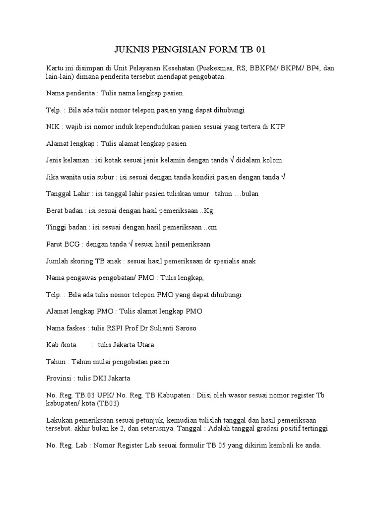 Juknis Pengisisan Form TB 01 | PDF