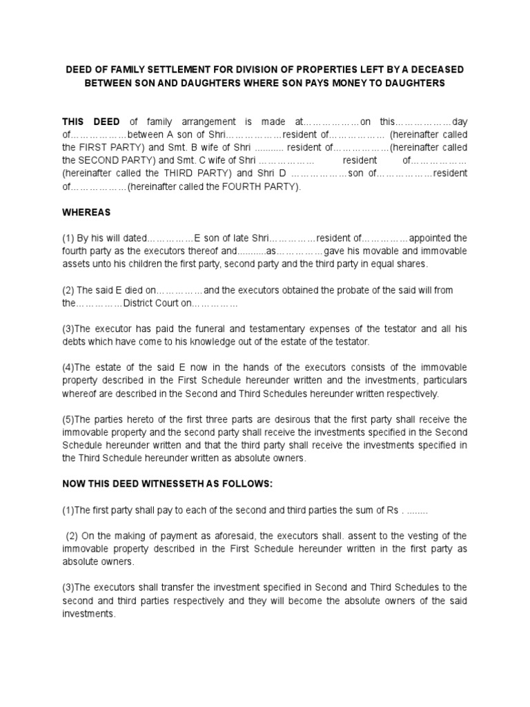 DEED OF FAMILY SETTLEMENT FOR DIVISION OF PROPERTIES LEFT BY A DECEASED BETWEEN SON AND ...