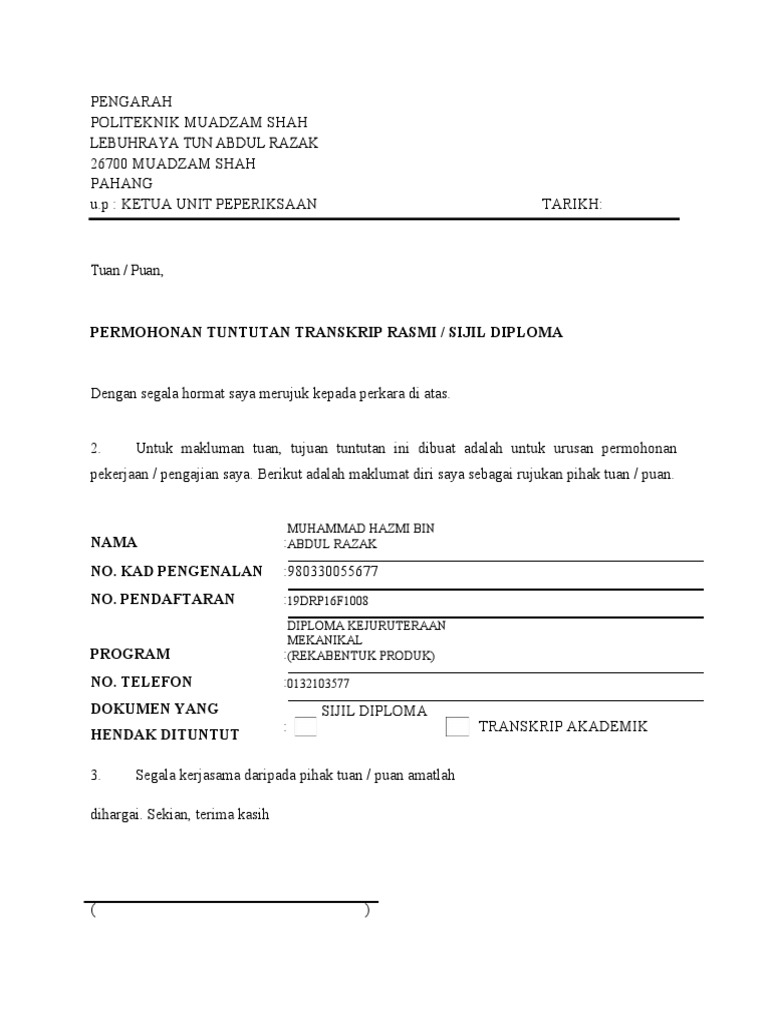 Surat Rasmi Memohon Transkrip Rasmi Atau Sijil Diploma | PDF