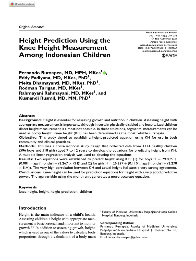Rumapea Et Al 2021 Height Prediction Using The Knee Height Measurement ...