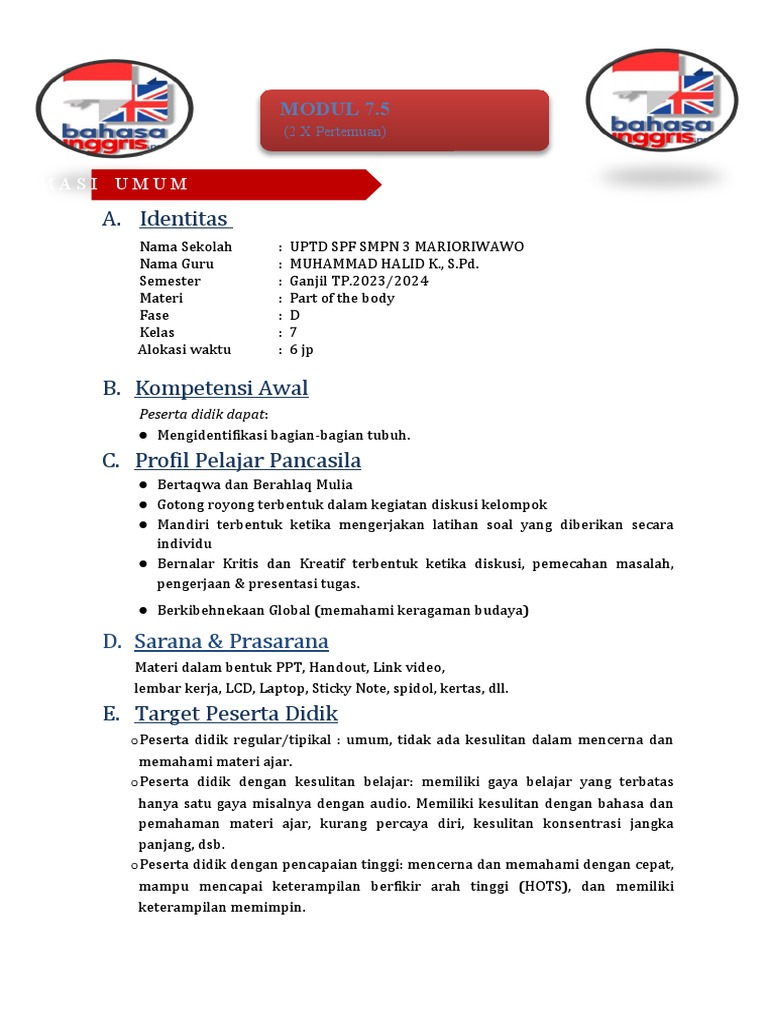 Modul Ajar7.12 Part of Body Terdiferensiasi Edit | PDF