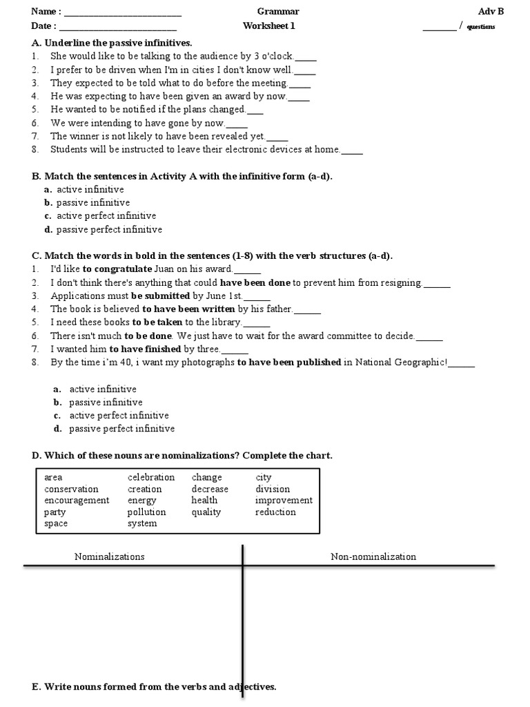 Adv B Grammar Worksheet 1 | PDF | Syntax | Grammar