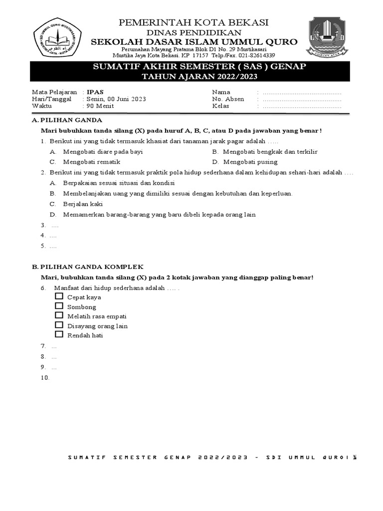 Contoh Kop Soal Ujian SD 2023 | PDF