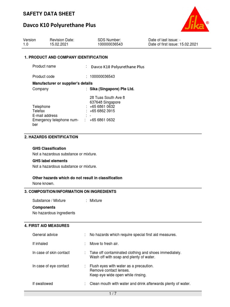 Davco K10 Polyurethane Plus (SDS) | PDF | Environmental Science | Labor ...